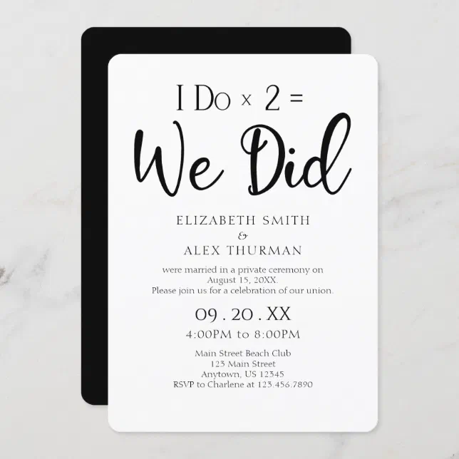Elopement Wedding I Do Times 2 = We Did Invitation | Zazzle