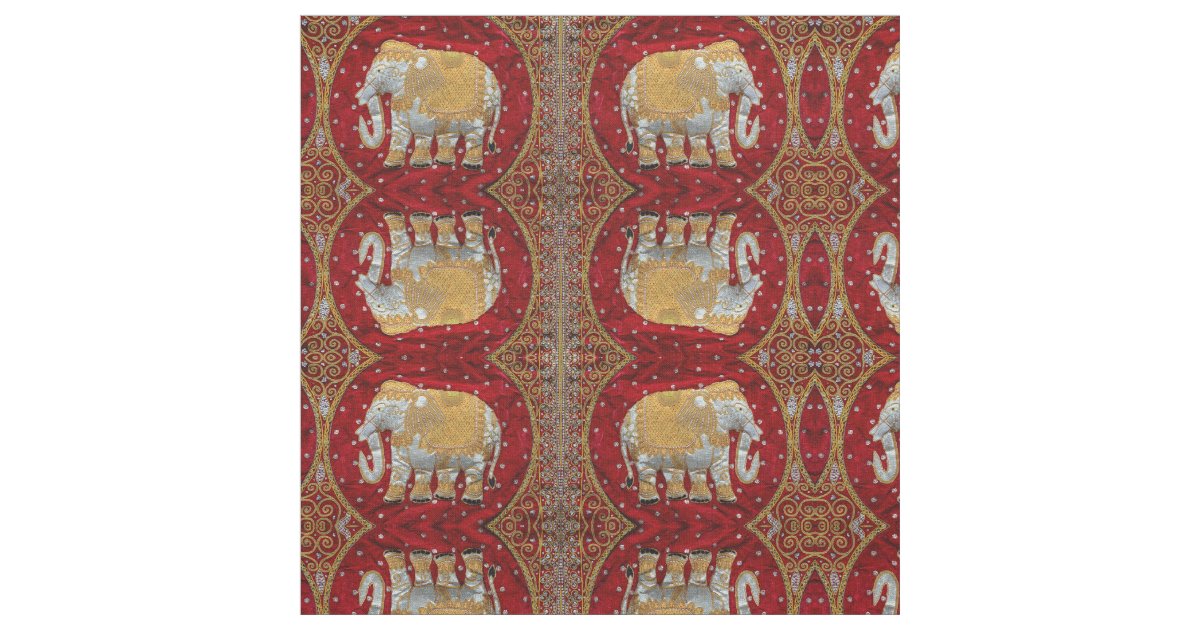 Embellished Indian Elephant Red and Gold Fabric | Zazzle