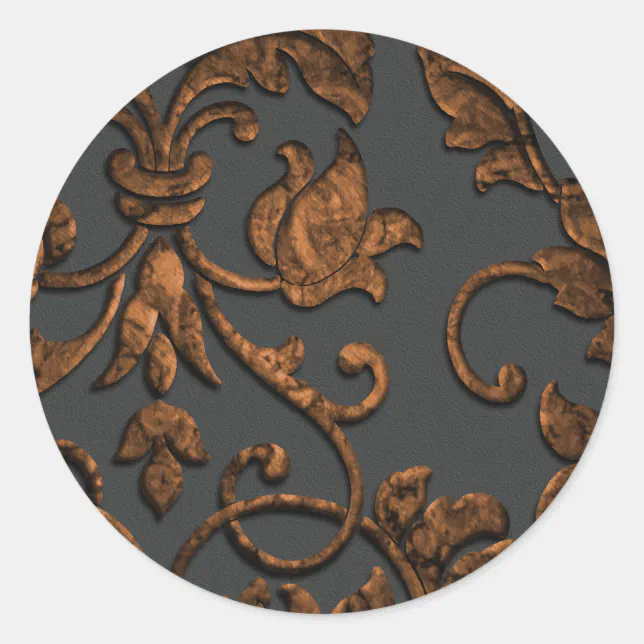 Embossed Metallic Damask, Copper Classic Round Sticker | Zazzle