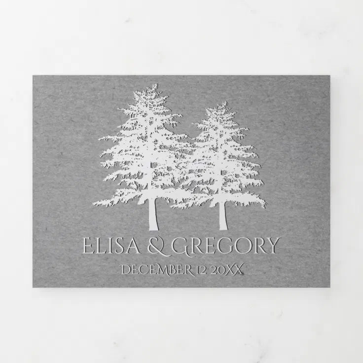Embossed trees gray kraft paper winter wedding Tri-Fold invitation | Zazzle