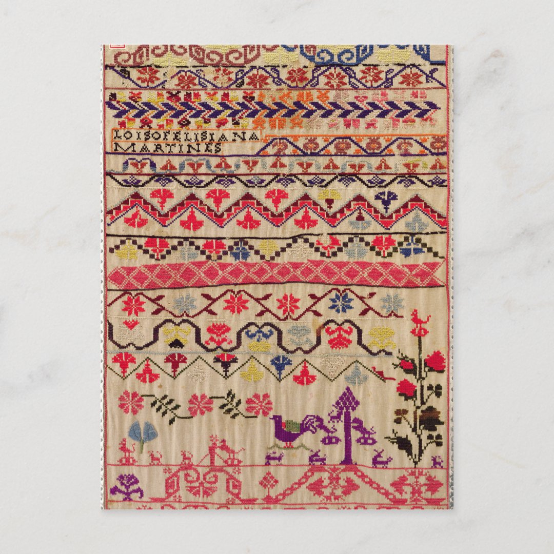 Embroidery sampler postcard | Zazzle