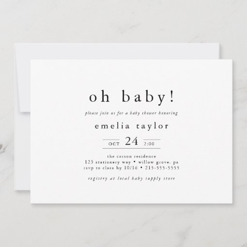 EMELIA Black White Boho Simple Oh Baby Baby Shower Invitation | Zazzle
