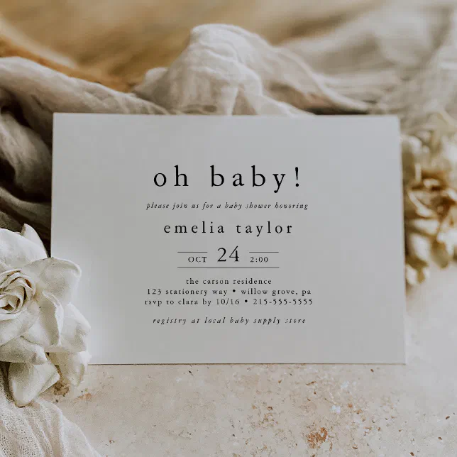EMELIA Black White Boho Simple Oh Baby Baby Shower Invitation | Zazzle