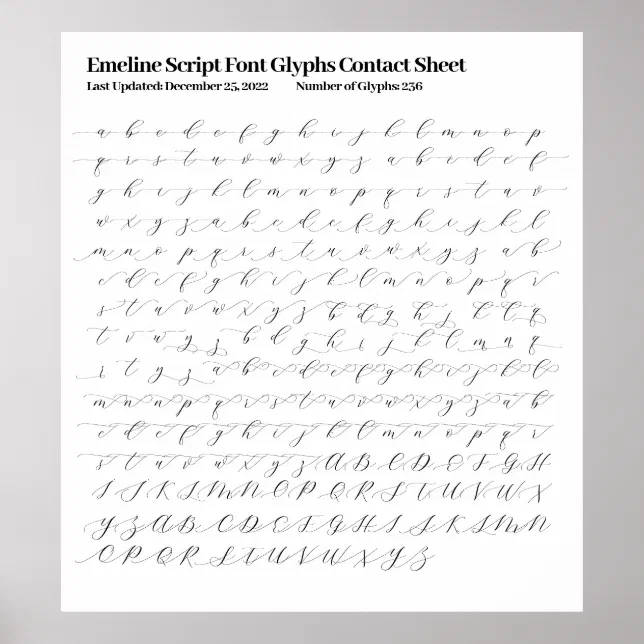 Emeline Script Font Glyphs Contact Sheet Poster | Zazzle