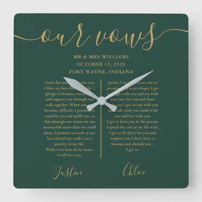 Emerald And Gold His And Hers Wedding Vows Square Wall Clock | Zazzle