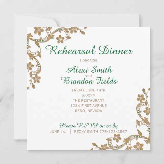 Emerald and Gold Wedding Rehersal Dinner Invitation | Zazzle