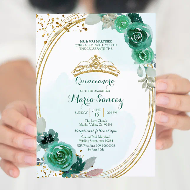 Emerald and Hunter Green Roses Quinceanera Invitation | Zazzle