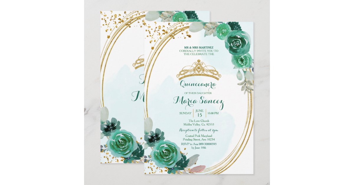 Emerald and Hunter Green Roses Quinceanera Invitation | Zazzle