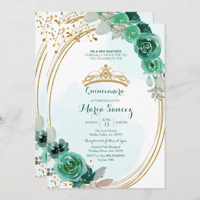 Emerald and Hunter Green Roses Quinceanera Invitation | Zazzle