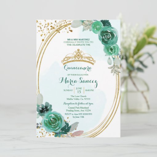 Emerald and Hunter Green Roses Quinceanera Invitation | Zazzle
