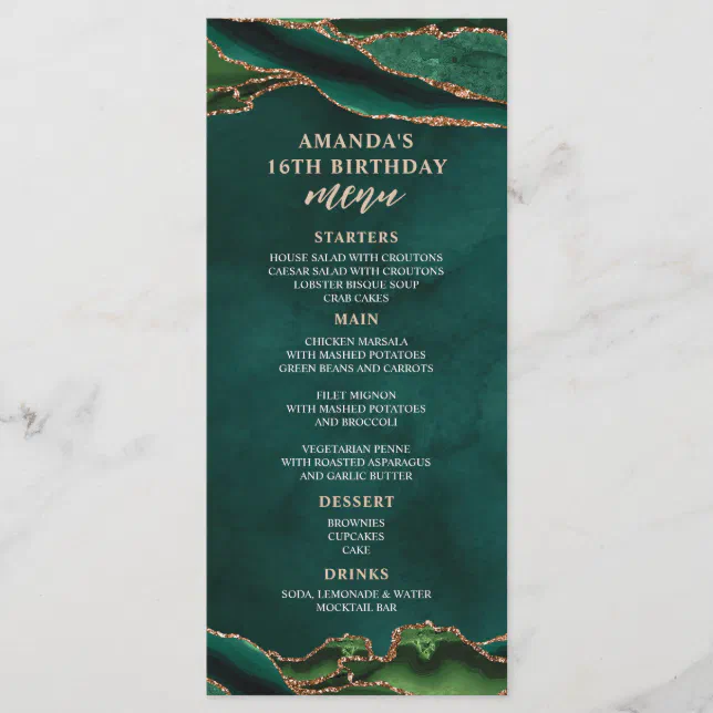 Emerald and Rose Gold Menu | Zazzle