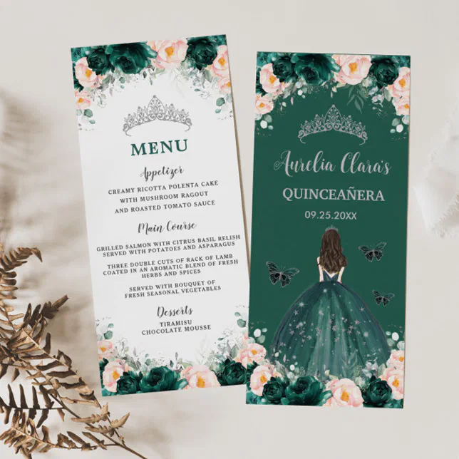 Emerald Blush Floral Princess Quinceañera Menu | Zazzle