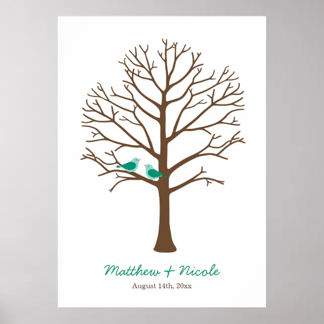 Emerald Brown Birds Fingerprint Tree Wedding Poster | Zazzle