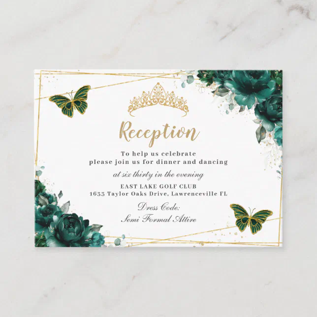 Emerald Floral Butterflies Quinceañera Reception Enclosure Card | Zazzle