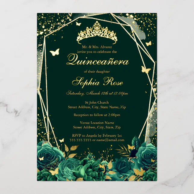 Emerald Floral Butterfly Tiara Quinceanera Foil Invitation | Zazzle