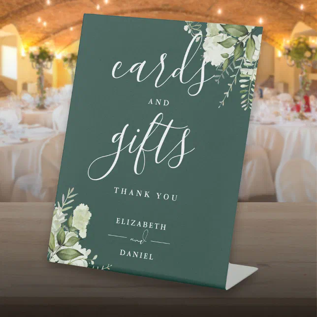 Emerald Floral Greenery Cards And Gifts Pedestal Sign | Zazzle