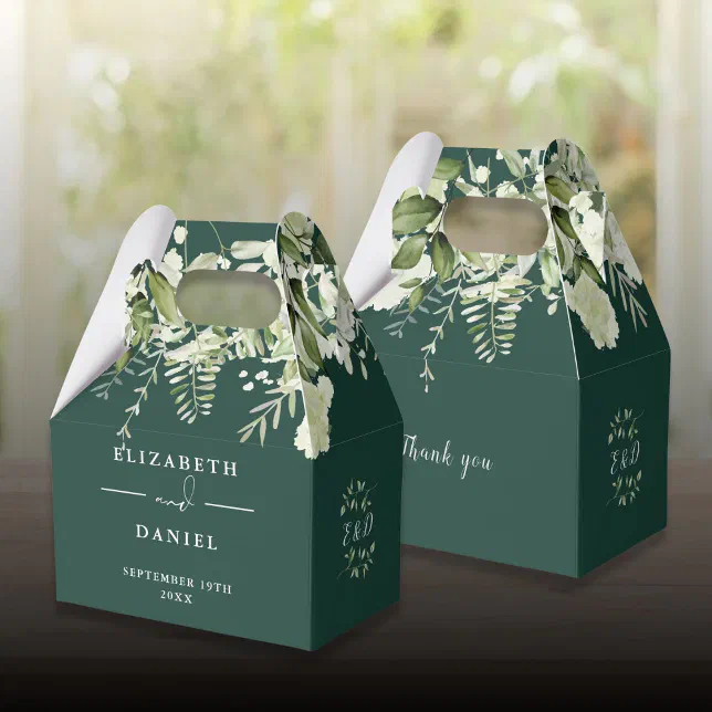 Emerald Floral Greenery Monogram Wedding Favor Boxes | Zazzle
