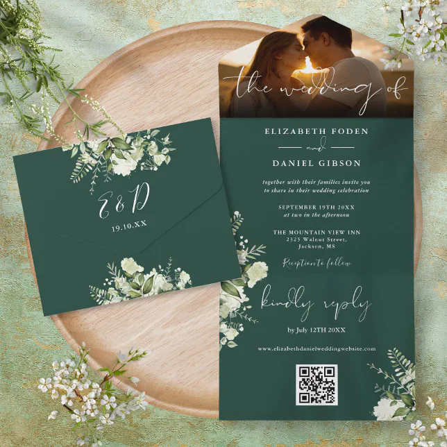 Emerald Floral Greenery QR Code Wedding Photo All In One Invitation ...