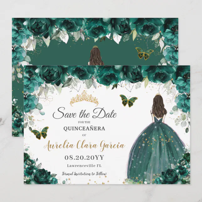 Emerald Floral Princess Quinceañera Save the Date | Zazzle