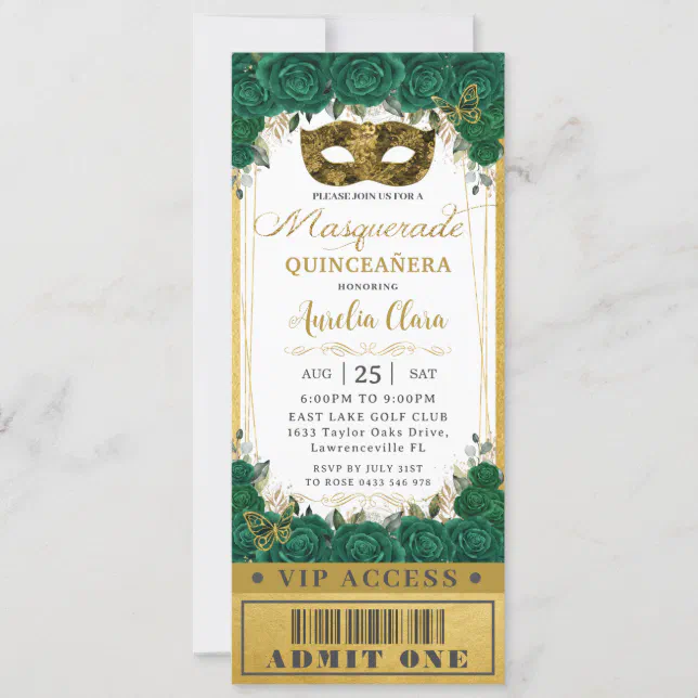 Emerald Floral Quinceañera Masquerade VIP Ticket Invitation | Zazzle