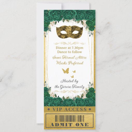 Emerald Floral Quinceañera Masquerade VIP Ticket Invitation | Zazzle