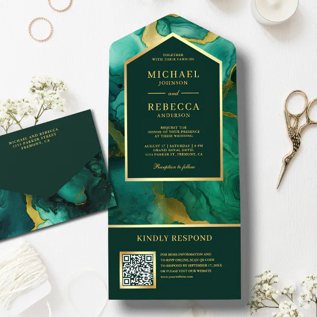 Emerald Gold Abstract Fluid Ink QR Code Wedding All In One Invitation ...