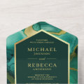 Emerald Gold Abstract Fluid Ink QR Code Wedding All In One Invitation ...