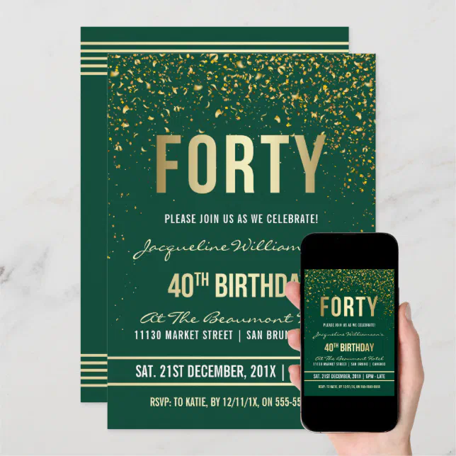 Emerald | Gold Confetti 40th Birthday Party Invitation | Zazzle