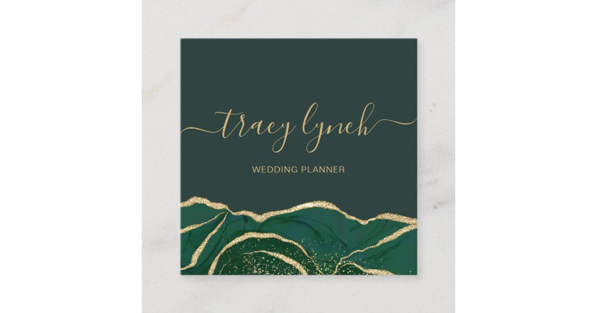 Emerald Gold Handwritten Script Calligraphy Square Business Card | Zazzle