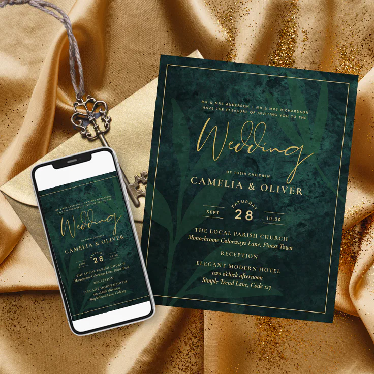 Emerald Gold Leaves Wedding Invitation Digital | Zazzle