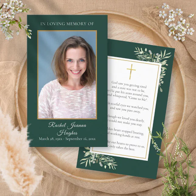 Emerald Gold Photo Funeral Memorial Prayer Cards | Zazzle