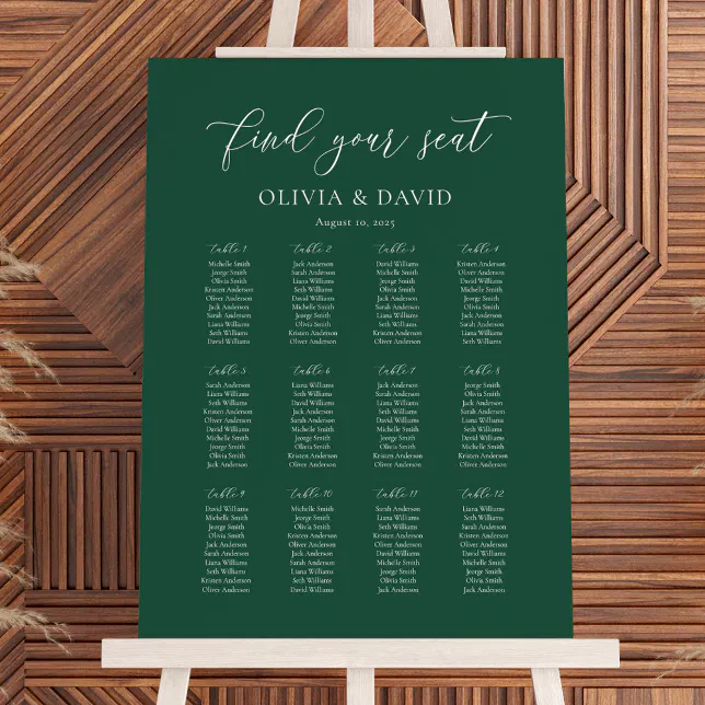 Emerald Green 12 table Seating Chart | Zazzle