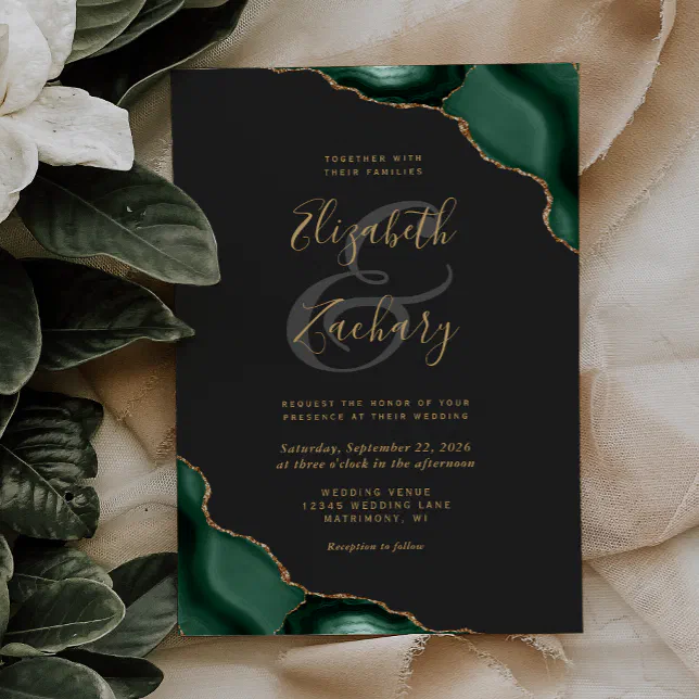 Emerald Green Agate Corners Dark Wedding Invitation | Zazzle