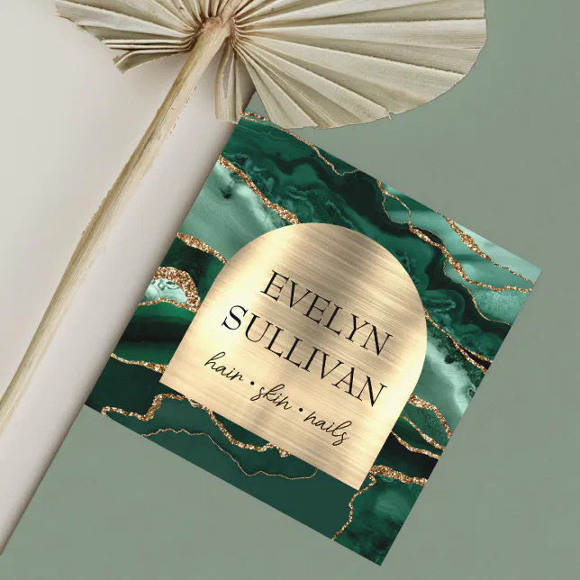 Emerald green agate faux foil arch business card | Zazzle