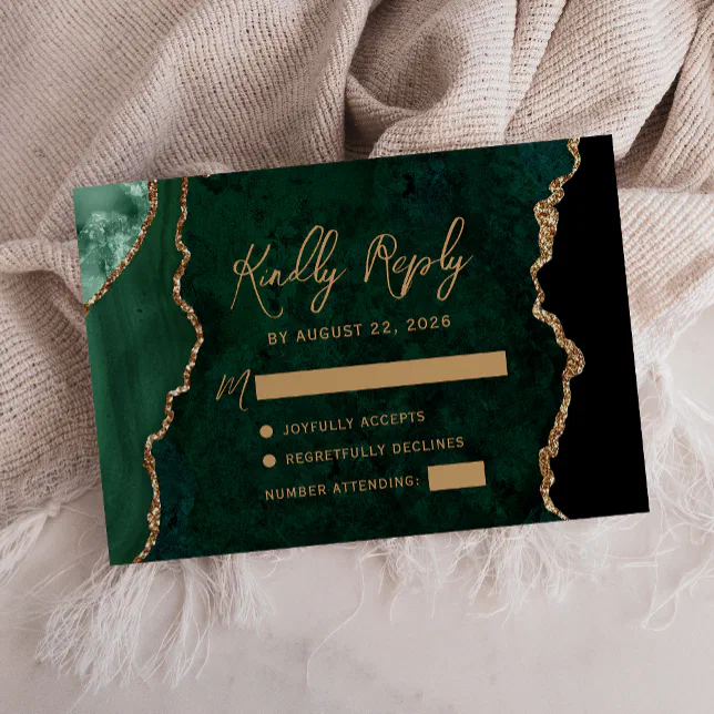 Emerald Green Agate Gold Script Wedding RSVP Card | Zazzle