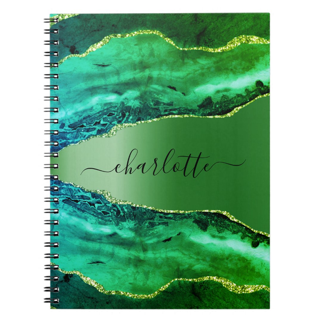 Emerald green agate marble name script notebook | Zazzle