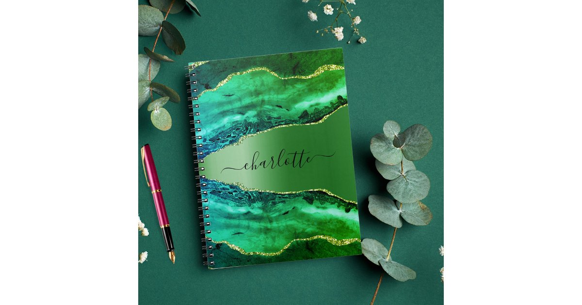 Emerald green agate marble name script notebook | Zazzle