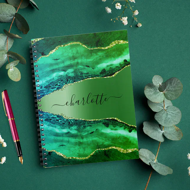 Emerald green agate marble name script notebook | Zazzle