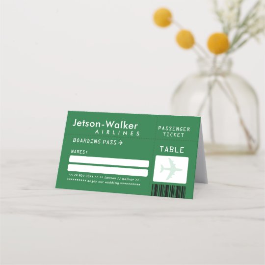 Emerald Green Airline Ticket Guest Wedding Seating Place Card | Zazzle.com