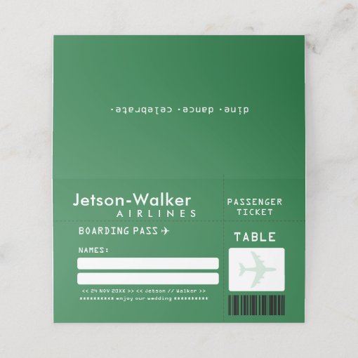 Emerald Green Airline Ticket Guest Wedding Seating Place Card | Zazzle