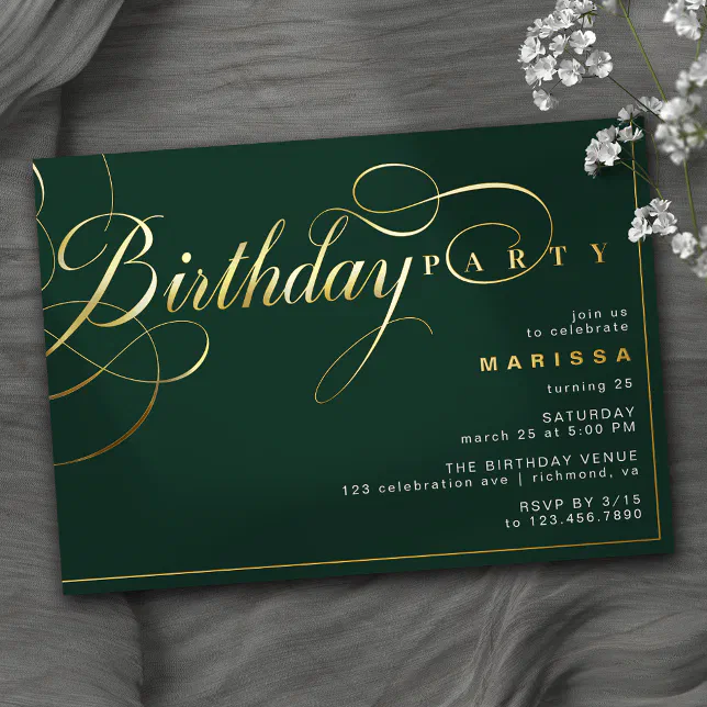 Emerald Green and Gold | Elegant Script Birthday Foil Invitation | Zazzle