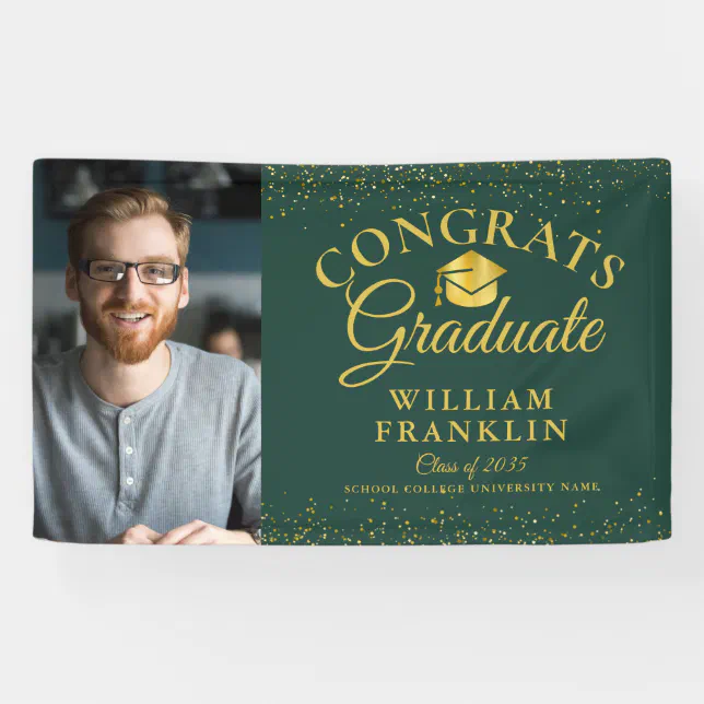 Emerald Green And Gold Glitter Photo Graduation Banner | Zazzle