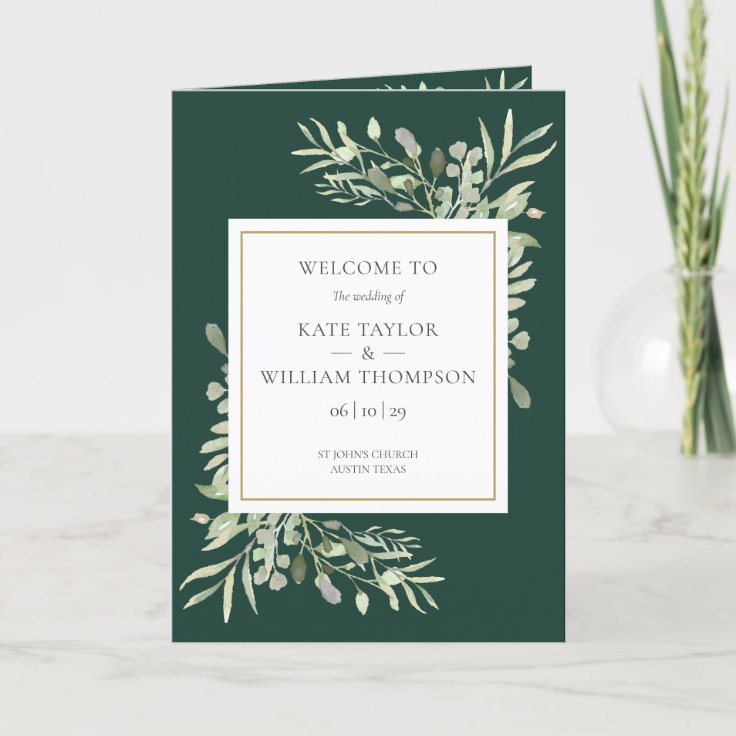 Emerald Green And Gold Greenery Foliage Wedding Program | Zazzle