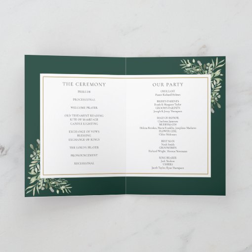 Emerald Green And Gold Greenery Foliage Wedding Program | Zazzle