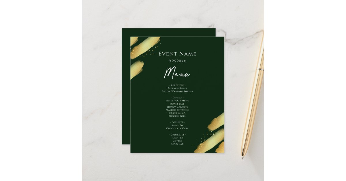 Emerald Green and Gold Paint Budget Event Menu | Zazzle