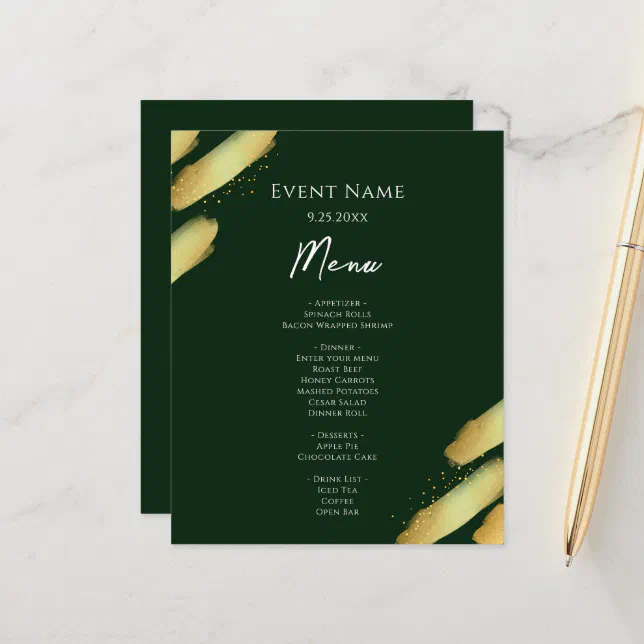 Emerald Green and Gold Paint Budget Event Menu | Zazzle