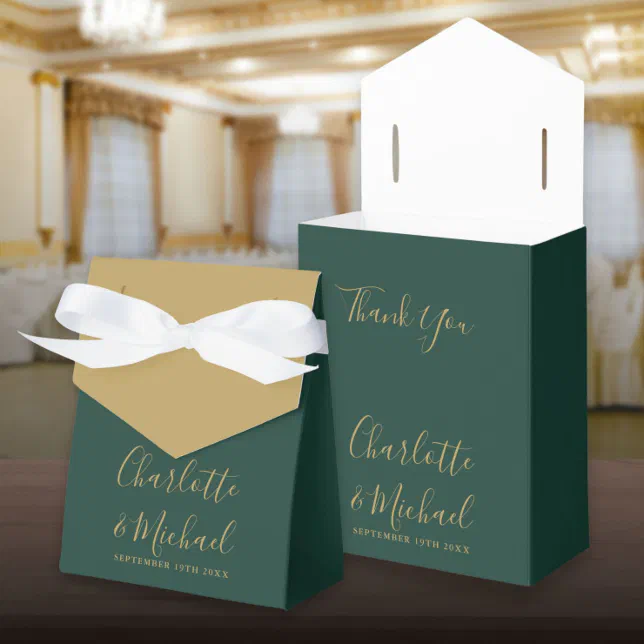 Emerald Green And Gold Script Elegant Wedding Favor Boxes | Zazzle