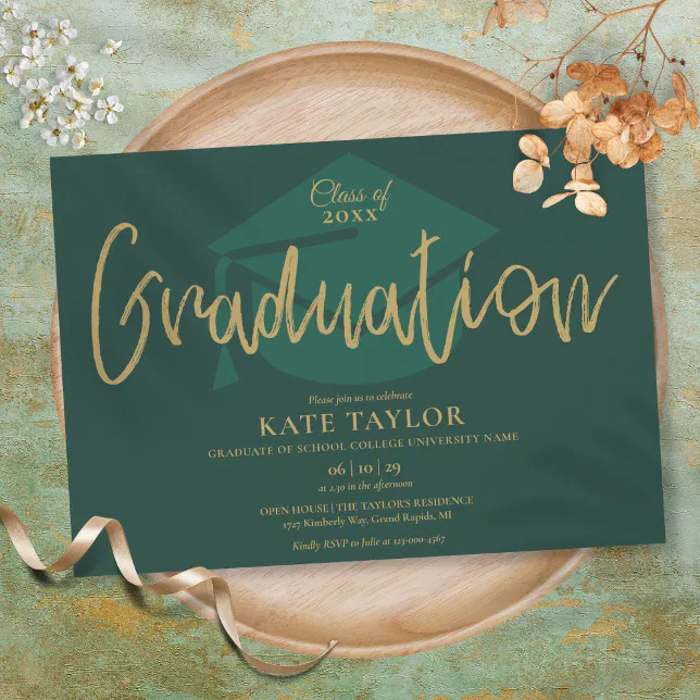 Emerald Green And Gold Script Graduation Party Invitation | Zazzle