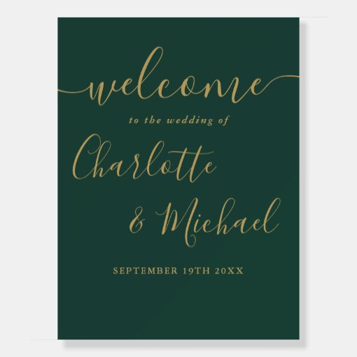 Emerald Green And Gold Script Wedding Welcome Sign | Zazzle