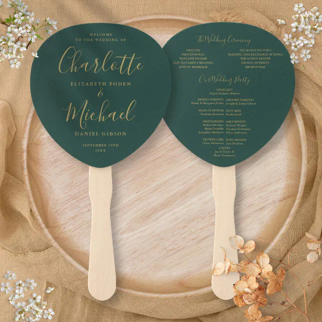 Emerald Green And Gold Wedding Program Hand Fan | Zazzle
